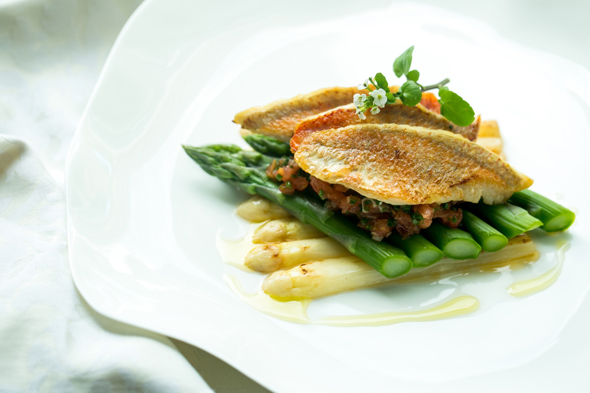 Rotbarbe mit Spargel und Sauce Cap Ferrat - Rezepte - Falstaff